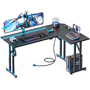 MOTPK L Shaped Gaming Desk with Led Lights, 51 Inch Gaming Computer Desk with Carbon Fiber Texture, Pc Gaming Table with Power Outlet and Headphone Hook, L Desk for Gaming, Black