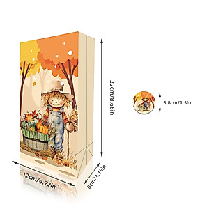 Konsait 12 Pack Fall Gift Bags Thanksgiving Treat Bags, Scarecrow Theme Fall Goodie Bags, Pumpkin Sunflowers Harvest Fall Party Favors Bags, Kraft Thanksgiving Paper Bags Thanksgiving Gift Bags