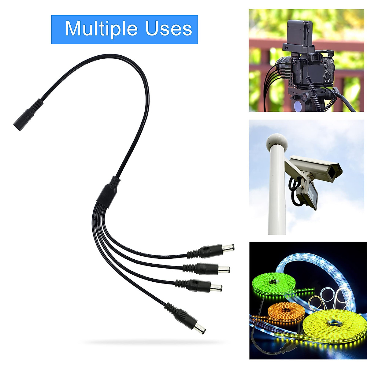 GINTOOYUN DC Splitter Cable 1 Female to 4 Male 5.5mm x 2.1mm, 12V DC Power Extension Cable Splitter Adapter for CCTV Security Camera, LED Strip Light, etc 0.7m (1 to 4 Way)
