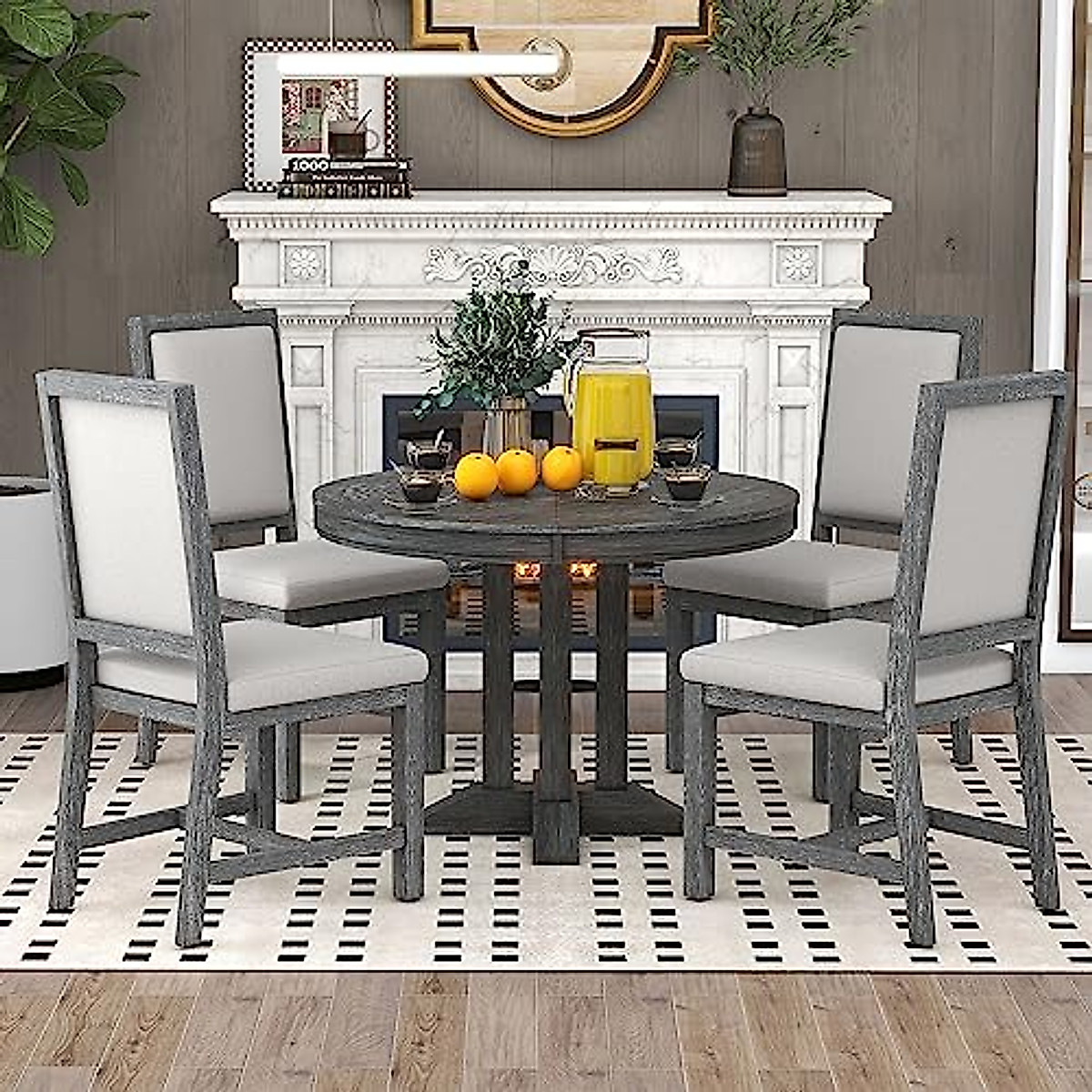 Round Dining Table & Chair Set, Extendable Leaf Wood Dining Table Round to Oval and 4 Upholstered Dining Chairs, 5-Piece Farmhouse Wooden Dining Set, Compact Table Set for Small Kitchen Room, Black