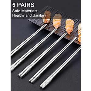 FOFAYU 5 Pairs Metal Chopsticks Reusable 18/8 stainless steel Chopsticks Japanese Style Dishwasher Safe Lightweight Non-Slip Chop Sticks 9 1/4 Inches Present Set