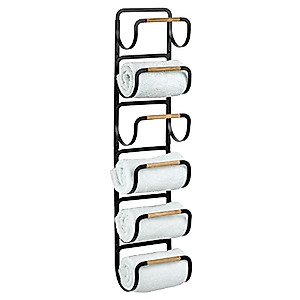 mDesign Wall Mount Towel Storage Rack for Bathroom - 6-Tier Hanging Organizer Mounted Holder Shelf for Multiple Bath Towels or Robes - Steel Metal and Wood - Yami Collection - Matte Black/Natural