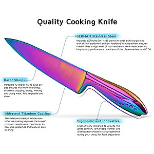 WELLSTAR Rainbow Knife Set 14 Pieces, Iridescent German Stainless Steel Kitchen Knives Set with Wooden Block, Colorful Titanium Coating, Chef’s Knife Block Set with Scissors and Built-in Sharpener