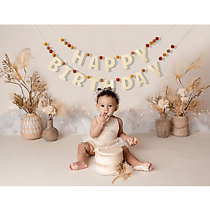 Boho Felt Happy Birthday Garland - Natural Handmade Wool Letters & Balls, Boho Birthday Decoration, Decorations for Children's Birthday Parties, Assembled Happy Birthday Banner