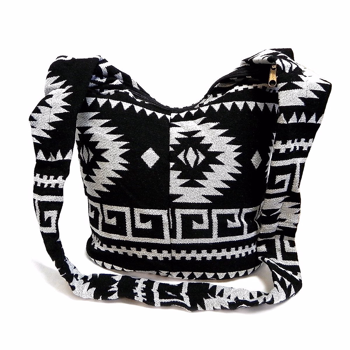 Large Aztec Tribal Print Pattern Material Lightweight Hobo Purse Crossbody Sling Bag - Womens Handmade Boho Accessories (Black/White)