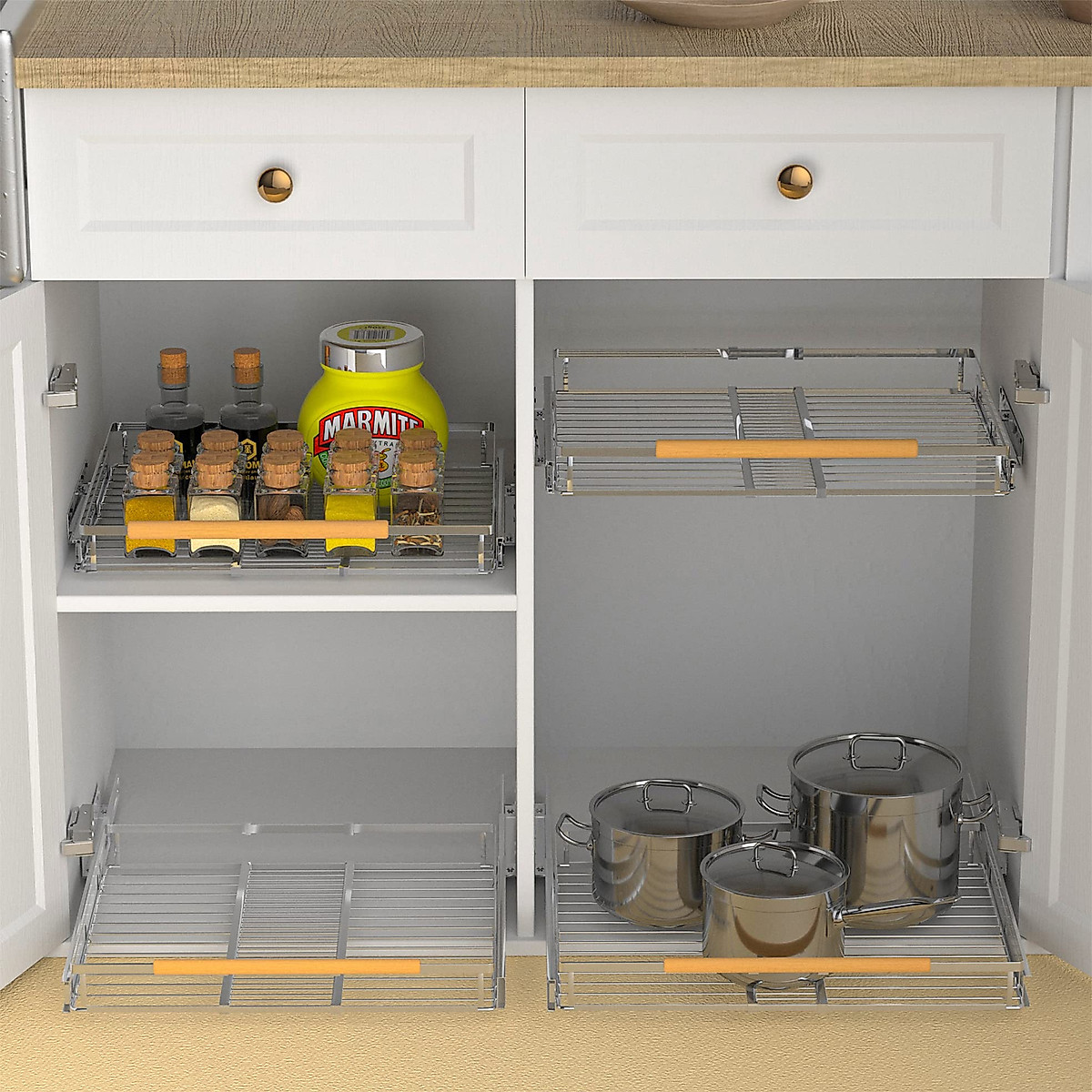 2 Pack Expandable Pull Out Cabinet Drawer Organizer, 16.3~26.3"W x 17"D Heavy Duty Cabinet Organizers and Storage,Expandable Width Cabinet Pull Out Shelves for Kitchen Cabinets, Chrome Finish (2 Pack)