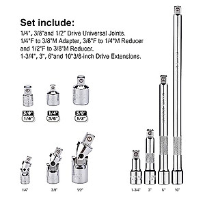 CASOMAN 10-Piece Socket Accessory Set, 1/4-inch, 3/8-inch,1/2-inch Drive, Includes Socket Adapters, Extension Bars and Universal Joints, CR-V, Mirror Finish