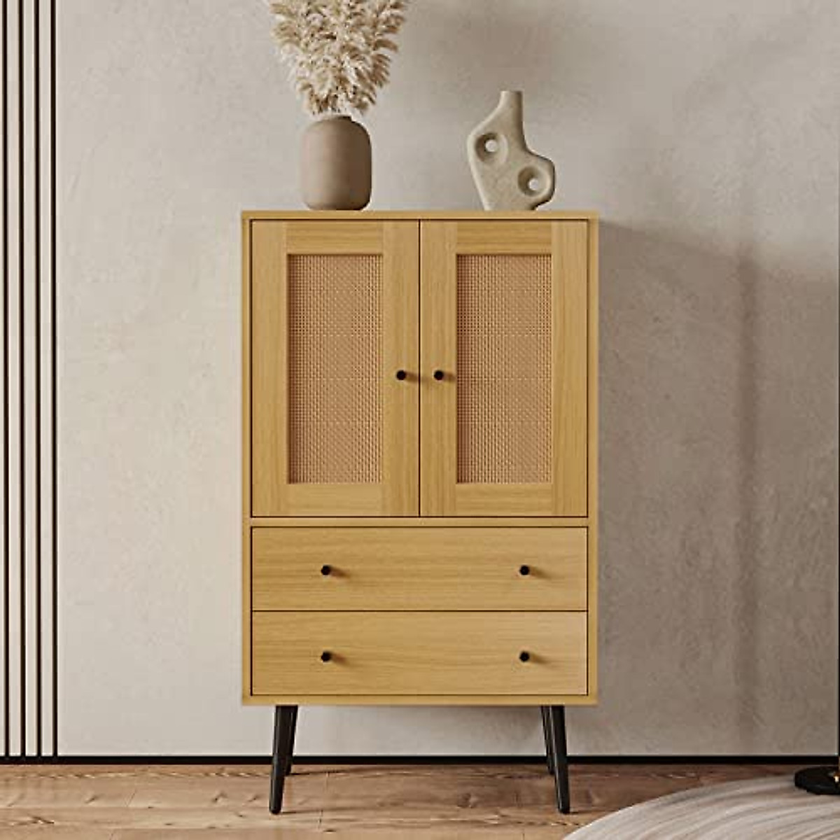 Hcman Sideboard Buffet Cabinet with Storage, Rattan Cabinet with Wooden Legs & 2 Drawers for Entryway, Living Room, Kitchen, Dining Room