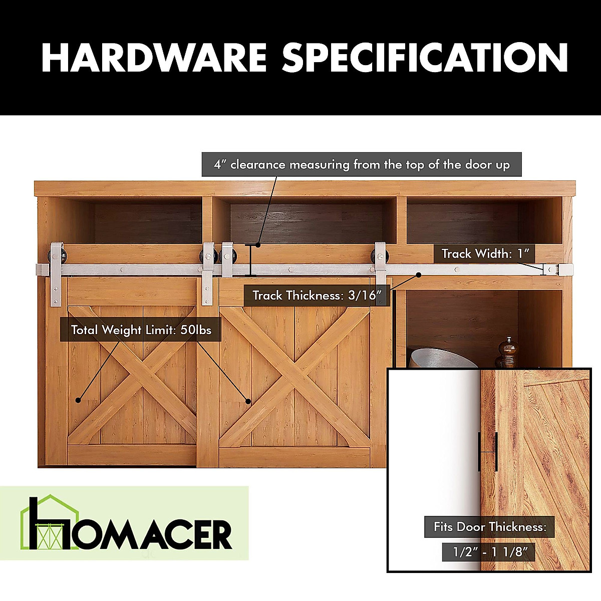 Homacer Mini Brushed Nickel Single Track Bypass Sliding Barn Door Hardware Kit, for Two/Double Doors, 48-inch Long Flat Track, Straight Design Roller, Cabinet TV Stand Console Use…