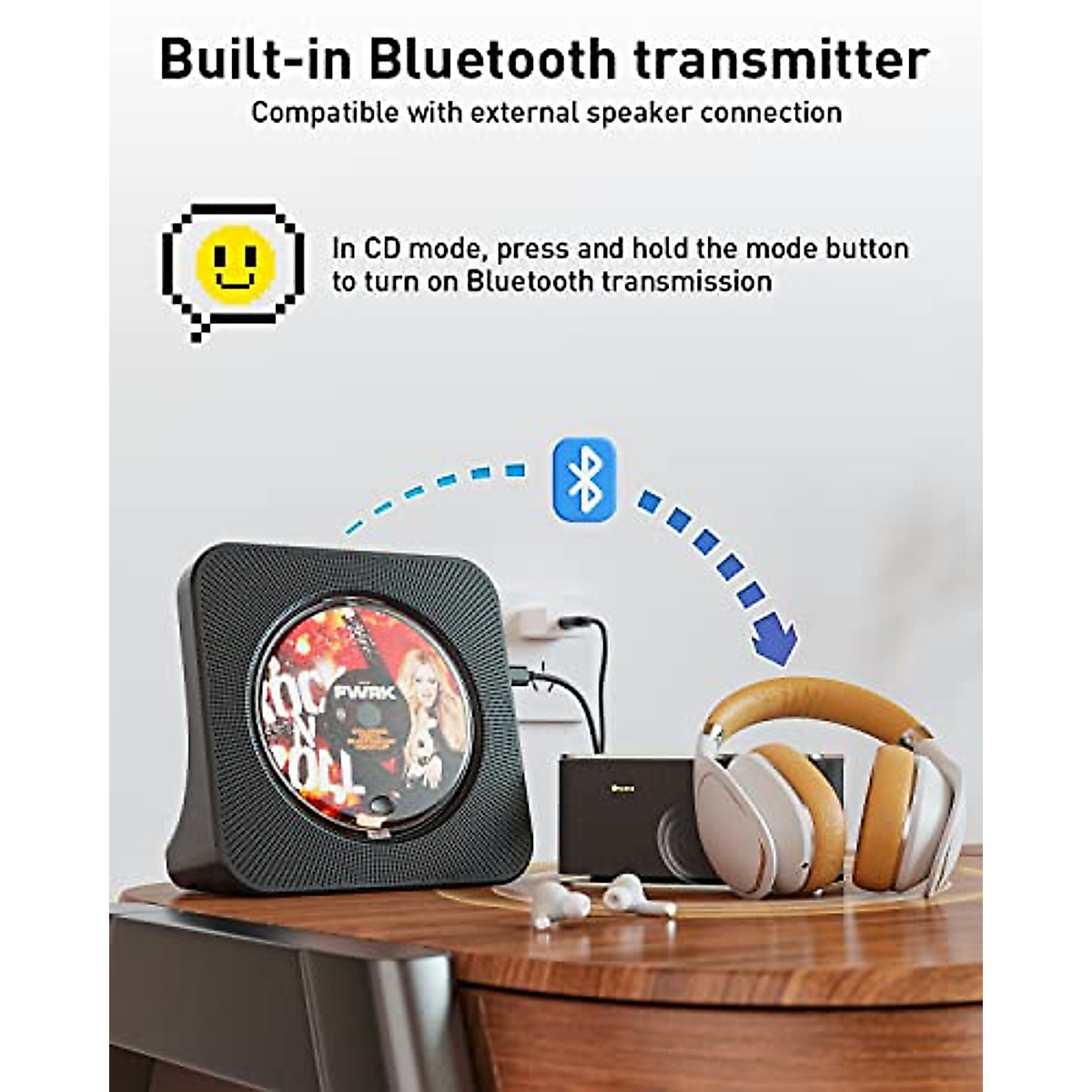 QUALORI CD Player Portable with Bluetooth Desktop Music Player Dual Speakers for Home Audio Boombox,USB Flash Player,FM Radio,AUX Input Output/Remote Control-Black