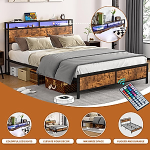 QSOSTNS Bed Frame with Ergonomic Headboard, 14 inch Fast Assembly Metal Bed with LED Lights, Outlets & USB, Bed Frame Full Size with Storage, Noise Free, No Box Spring Needed (Full)