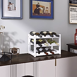 SMIBUY Bamboo Wine Rack, 12 Bottles Display Holder, 3-Tier Free Standing Storage Shelves for Kitchen, Pantry, Cellar, Bar (White)