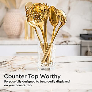 Brass/Gold Cooking Utensils Set for Modern Cooking and Serving - 5 PC Dishwasher Safe Stainless Steel Gold Utensils Set - Gold Serving Spoon, Gold Ladle - Gold Kitchen Utensils for Gold Kitchen
