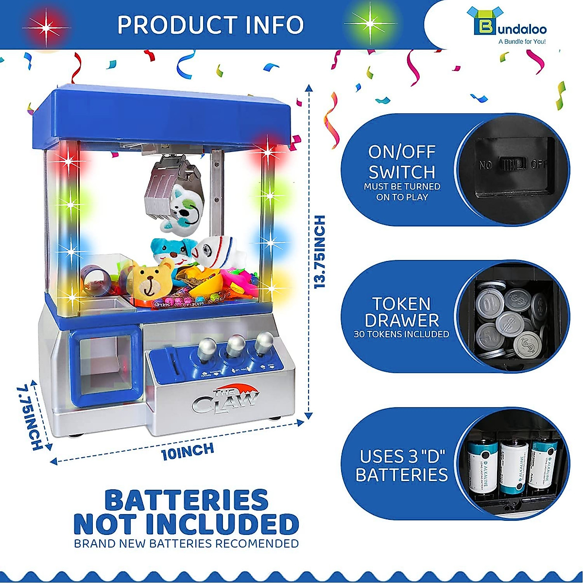 Bundaloo Claw Machine Arcade Game - Electronic Mini Candy and Toy Grabber Dispenser for Kids - with Lights Sound & 4 Mini Plush Animals (Blue)