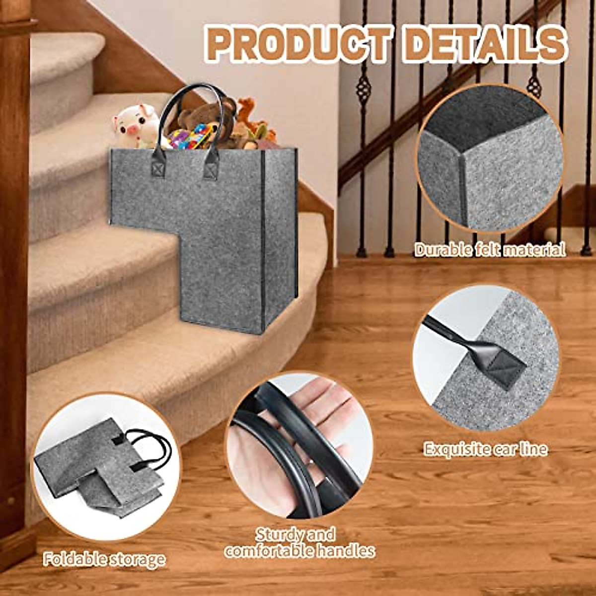 SMFANLIN 2Pcs Foldable L-Shape Stair Basket Organizer, Folding Fabric Staircase Storage Organizer with Faux Leather Handles, Large Stair Tidy Basket Bin for Laundry, Toys, Household Items