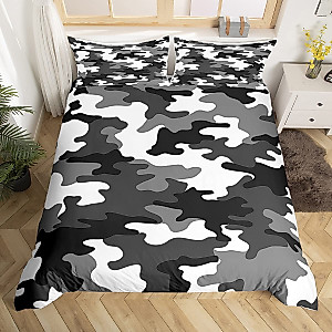 Army Camo Bedding Set, Black and Gray Military Style Camouflage Comforter Cover for Adult Boys Teens Abstract Art Pixel Design Duvet Cover, Soft Microfiber Durable Bedding Collection, Full Size