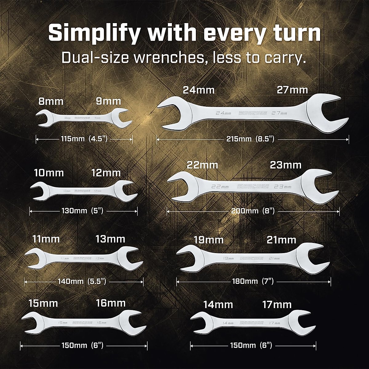 ironcube Super Thin Wrench Set,8-Piece, Metric, Including 8 to 27 mm, Open end Slim Wrench Set With Rolling Pouch, Perfect For Auto, Bike in Narrow Space Use
