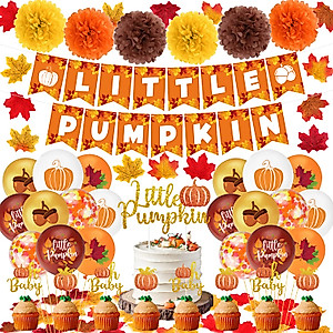 152pcs Little Pumpkin Baby Shower Decorations for Boy with Little Pumpkin Banner Pumpkin Cake Toppers Paper Pompom Latex Balloons Fall Leaves for Fall Theme Baby Shower Party Supplies