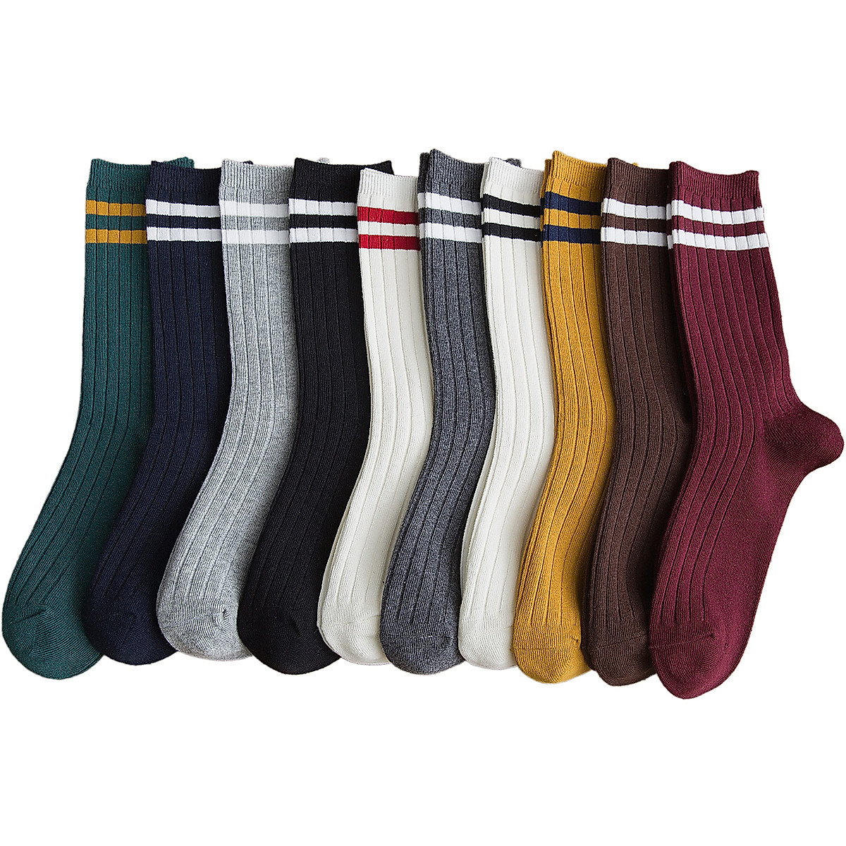ACCFOD Womens Striped Crew Socks 10 Pairs Cute Retro Long Socks Vintage Fun Fashion Athletic Aesthetic High Socks for Women