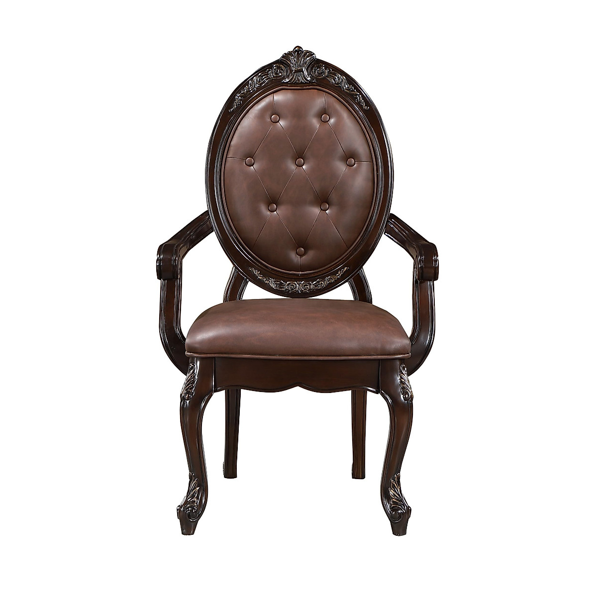 Benjara Cran 24 Inch Dining Armchair, Carved Details, Faux Leather Seat, Brown
