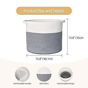 ArcaGuru Cotton Rope Basket, Round Woven Baskets for Storage, Blanket Basket Living Room, Storage Basket with Handles for Book, Clothes for Organizing, 15.8”x15.8”x13.8”, White & Dark Grey
