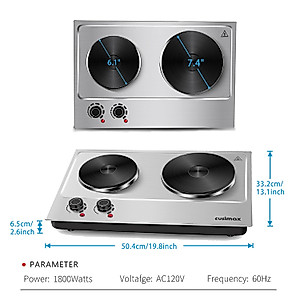 Hot Plate,Cusimax Double Burner 1800W Cast Iron Heating Plate,Electric Stove with Adjustable Temperature Control,Stainless Steel,Suitable for Various Scenarios Upgraded Version