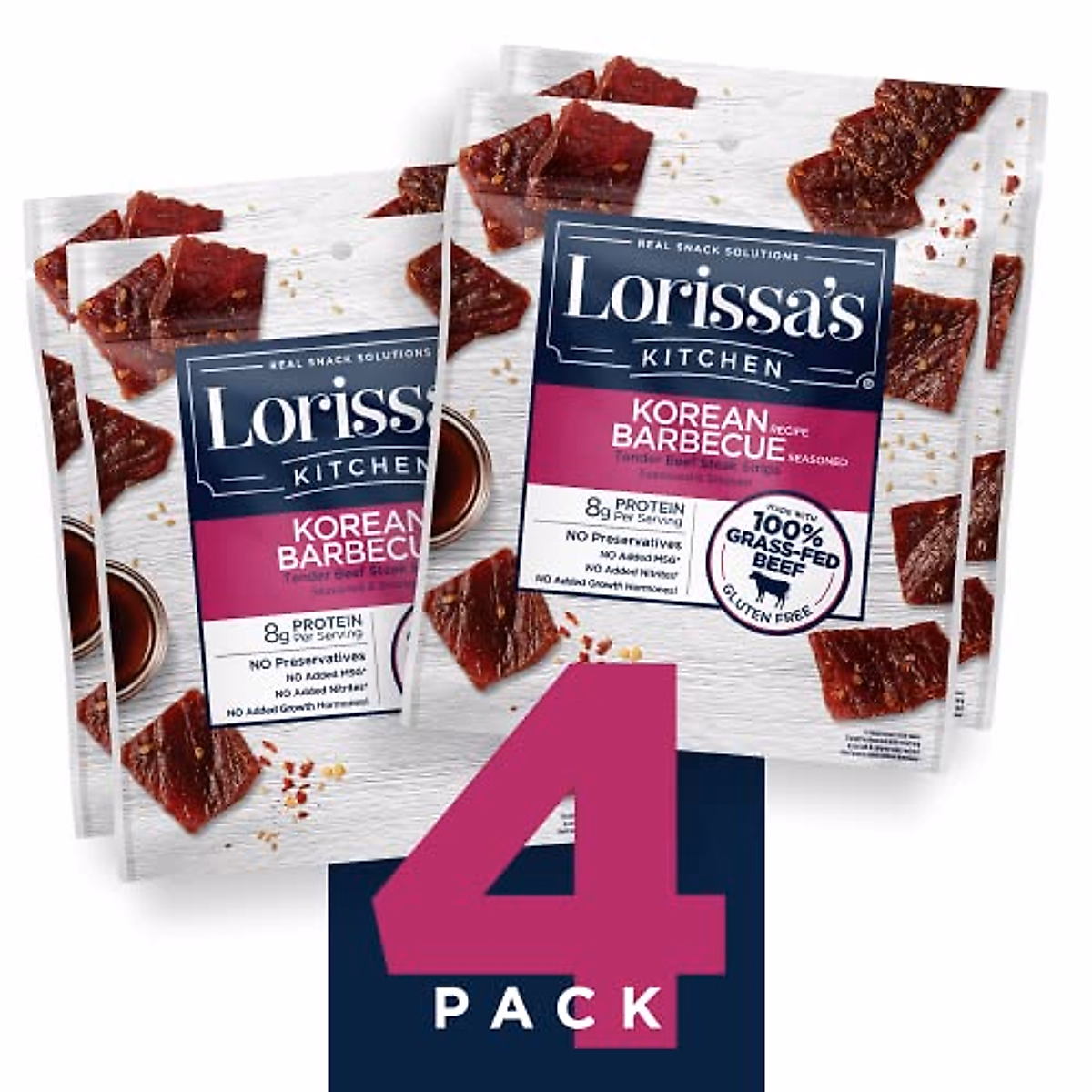 Lorissa's Kitchen Premium Grass-Fed Steak Strips, Korean Barbecue, 2.25 Oz. 4 Count - No Added MSG or Nitrites, Keto Friendly Snacks & Gluten Free, More Tender Than Traditional Beef Jerky