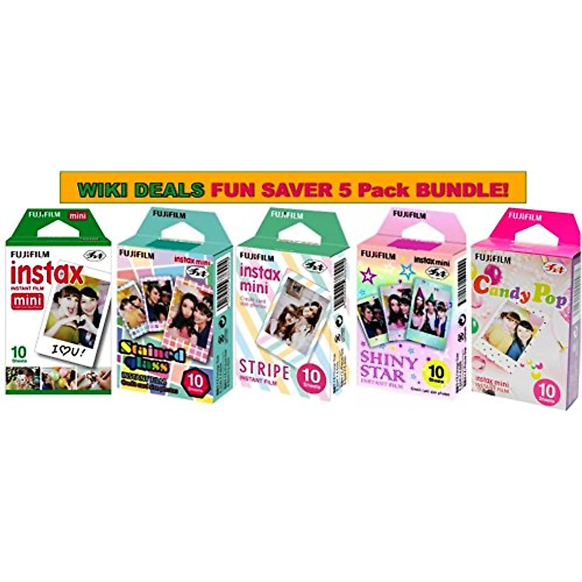 Fujifilm Instax Mini Instant Film Bundle, Candy Pop, Stained Glass, Stripe, Shiny Star, Single Pack, 50 Sheets