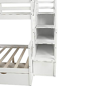 POCIYIHOME Twin Over Full Bunk Bed with Multifunctional Storage Stairway & Slide, Modern Bunk Bed with Build-in Drawers for Kids,Teens Bedroom, Practical & Space-Saving, No Box Spring Needed, White