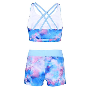 Moily Girls Gymnastics/Dance/Sports Two Piece Outfit Criss Cross Back Crop Top with Booty Shorts Swimwear azure 5-6
