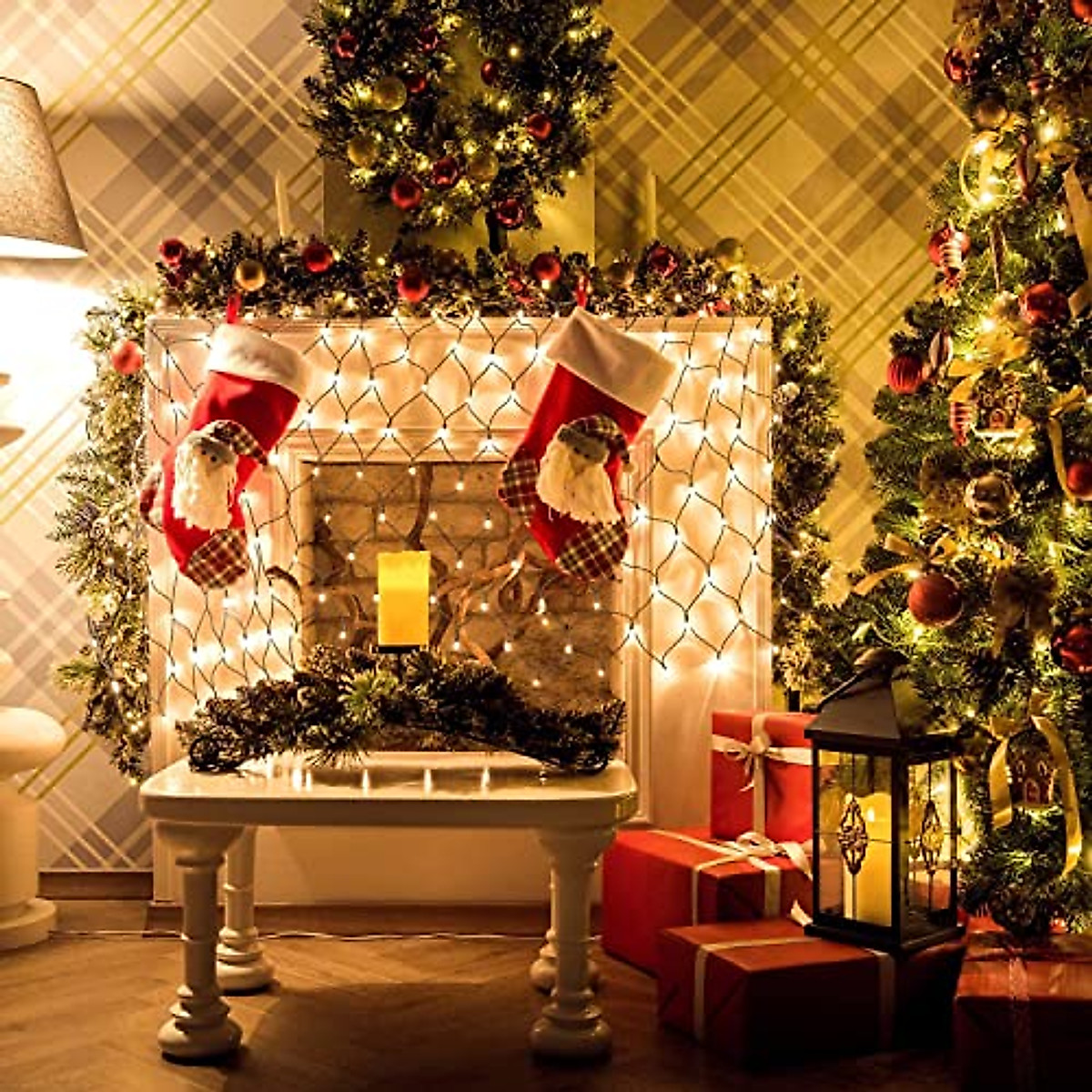 Christmas Net Lights, 9.8X6.6ft 200 LED Outdoor Net Mesh Lights 8 Modes Christmas Lights for Christmas Decor Bushes Fence Outdoor Garden Party Yard, Warm White