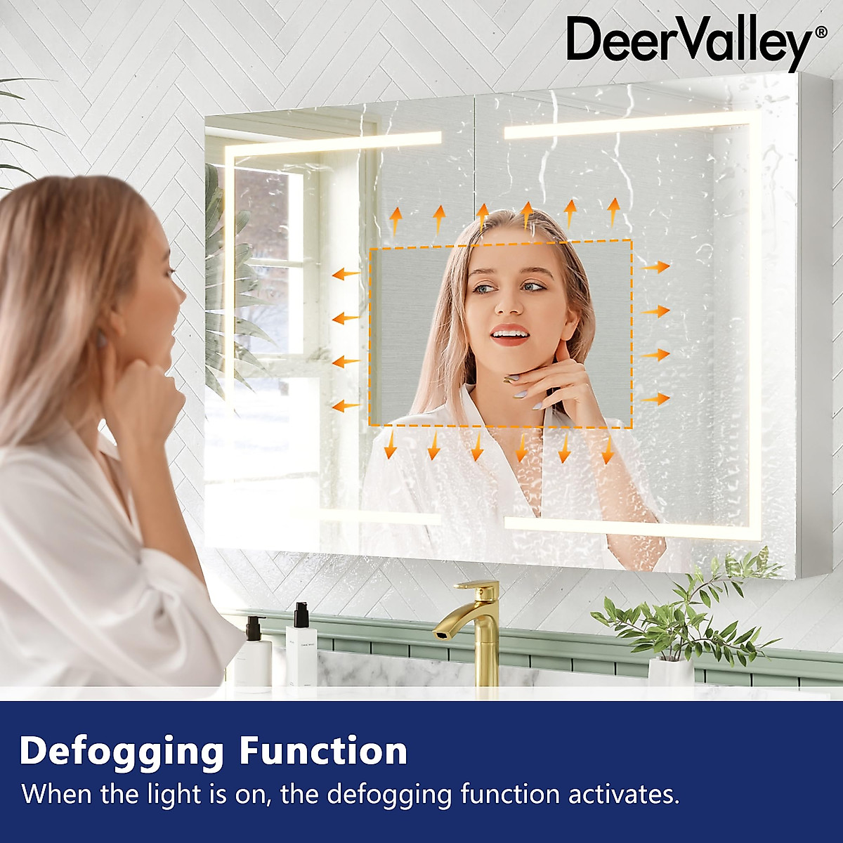 Deer Valley 48" W x 32" H Lighted Medicine Cabinet with Mirror, Led Medicine Cabinet Mirror for Bathroom with Defogger & 3-Color Dimmable, Wall Mounted Mirrored Medicine Cabinet with Lights
