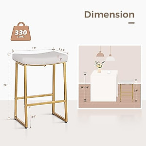 MAISON ARTS White & Gold Bar Stools Set of 2 for Kitchen Counter Backless Counter Height 24 Inches Saddle Stools Modern Gold Barstools Upholstered Faux Leather Stools Farmhouse Island Chairs