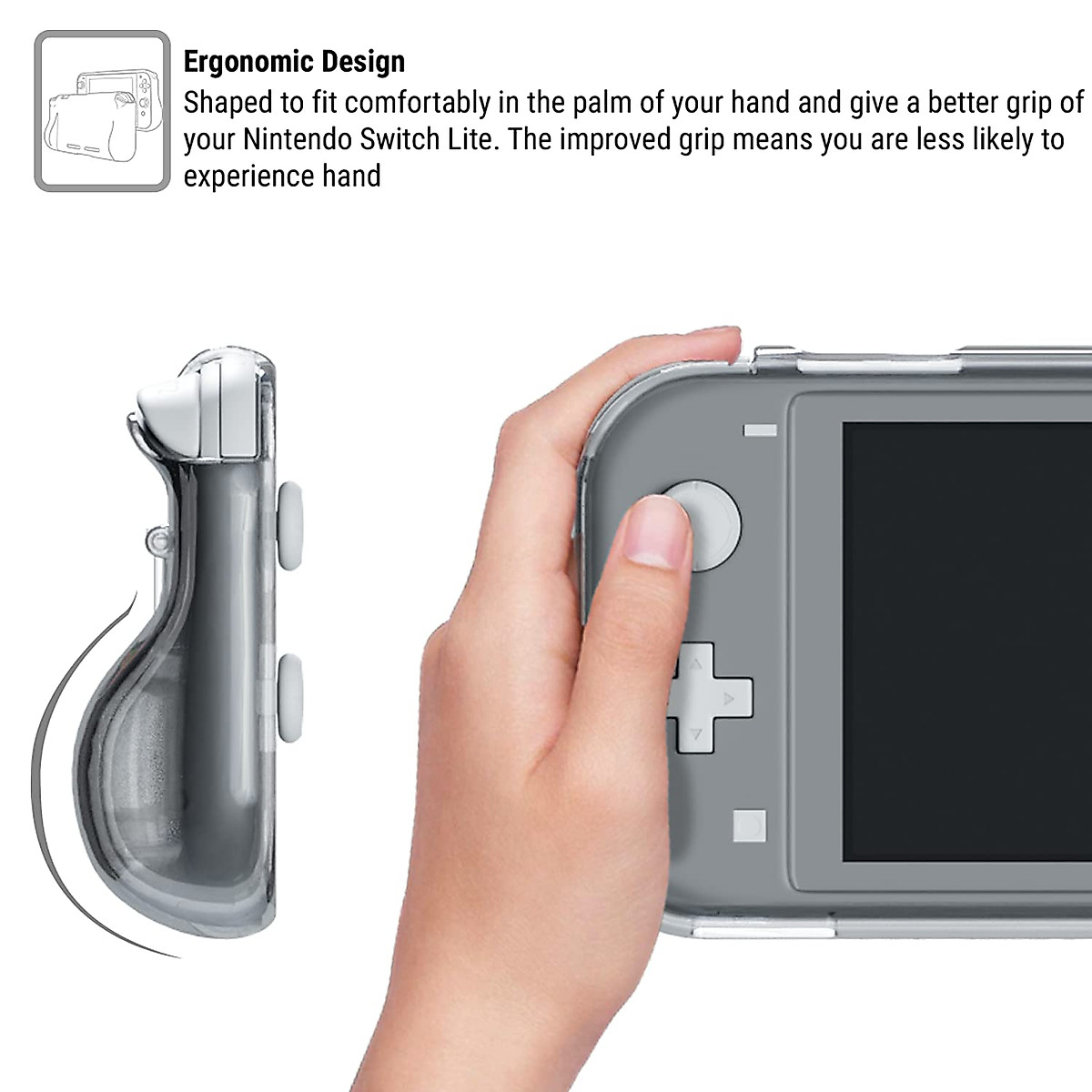 Orzly Protective Case for Switch lite, Clear Rugged Grip case with Kickstand Shock Absorption for Blue Turquoise Yellow Coral Grey - Hand Grip Transparent Edition with with Thumb Grips Included