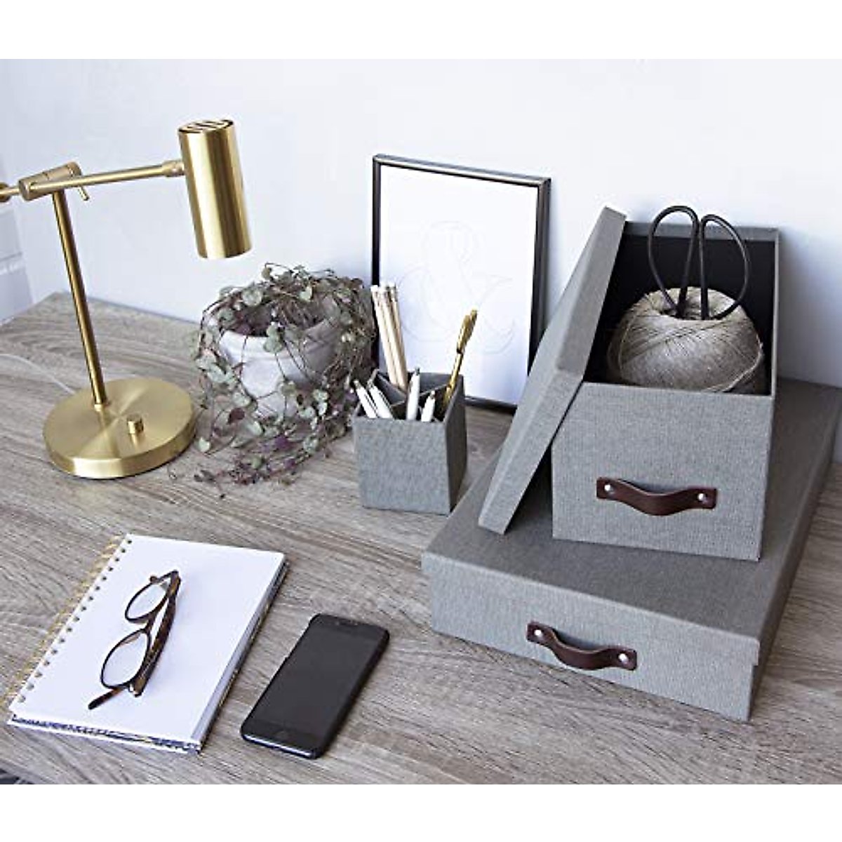 Bigso Silvia Organizational Storage Box | Photo Storage Box with Leather Handle for Shelves and Stacks Easily | Durable and Decorative Storage Boxes with Lids | 5.9″ x 6.5″ x 11.6″ | Gray