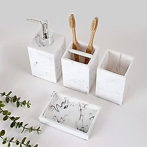 EdSanGa 4 PCs Bathroom Accessories Set, White Marble veining Bathroom Set, Made of Resin, Soap Dispenser, Toothbrush Holder, Bathroom Tumbler, Soap Dish
