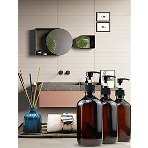 Empty Plastic Bottles with Pump Dispenser and Labels Included, Refillable Travel Containers for Hand sanitizer Shampoo Lotion, etc - BPA/Paraben Free, 500ml/16.9oz (Amber, 3 Pack)