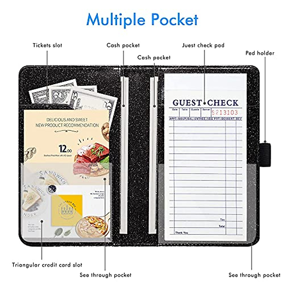 Server Books for Waitress - Leather Waiter Book Server Wallet Cute Waitress Book&Waitstaff Organizer, Waitress Book with Money Pocket&Magnetic Closure Fit Server Apron, Glitter Black