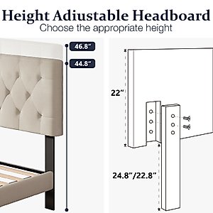 Queen Size Bed Frame with Storage, Queen Bed Frame with Headboard Adjustable, Upholstered Platform Bed Frame with Drawers, Mattress Foundation with Wooden Slats Support, No Box Spring Needed, Beige