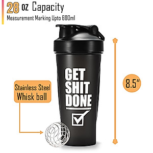 Protein Shaker Bottle Perfect for Shakes and Pre Workout, 28-Ounce, Black, Durable For Mixing, With Stainless Steel Whisk ball, BPA Free Mixing Bottle