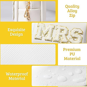 Belanttega Bride Patch MRS Cosmetic Bag PU Leather White Letter Portable Waterproof Purse Organizer Travel Toiletry Bag Engaged Makeup Bag Gift for Women Girls, Gold
