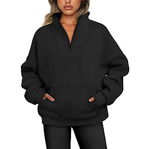 Trendy Queen Sweatshirts Quarter Half Zip Pullover Oversized Hoodies Sweaters Comfy Fall Outfits 2025 Y2K Winter Clothes Black L