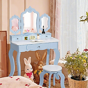 BRINJOY Kids Vanity Set, 2-in-1 Wooden Makeup Table & Stool w/Detachable Tri-fold Mirror, Pretend Play Princess Dressing Table w/Drawer&Accessories, Children Beauty Vanity Set for Girls 3+, Blue