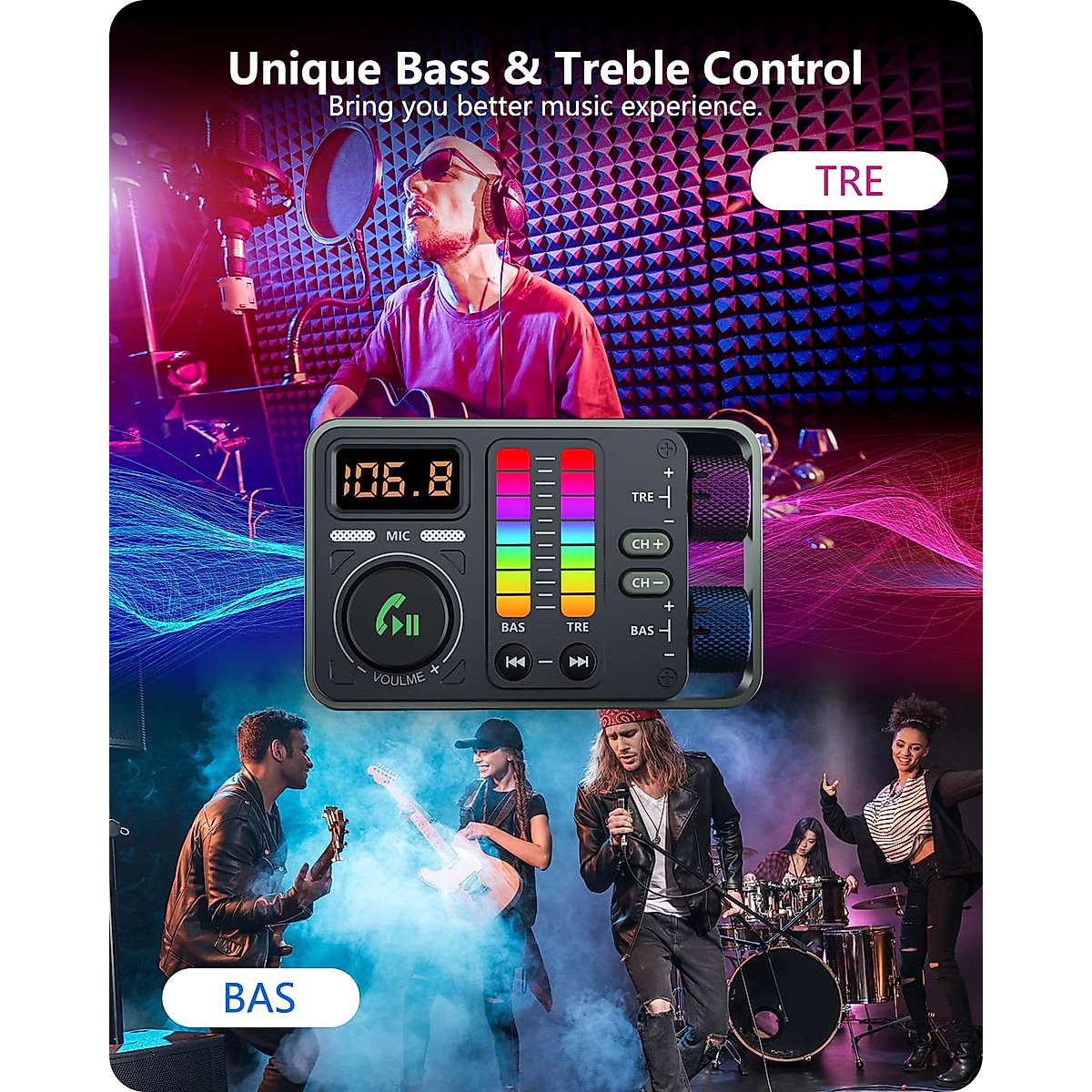 LENCENT Bluetooth 5.3 Car FM Transmitter, Hi-Fi Treble & Bass Music Player, PD20W QC18W Fast Car Charger, Radio Bluetooth Car Adapter with Dual Mics for Hands-Free Call, Siri&Google, U Disk/3.5mm AUX