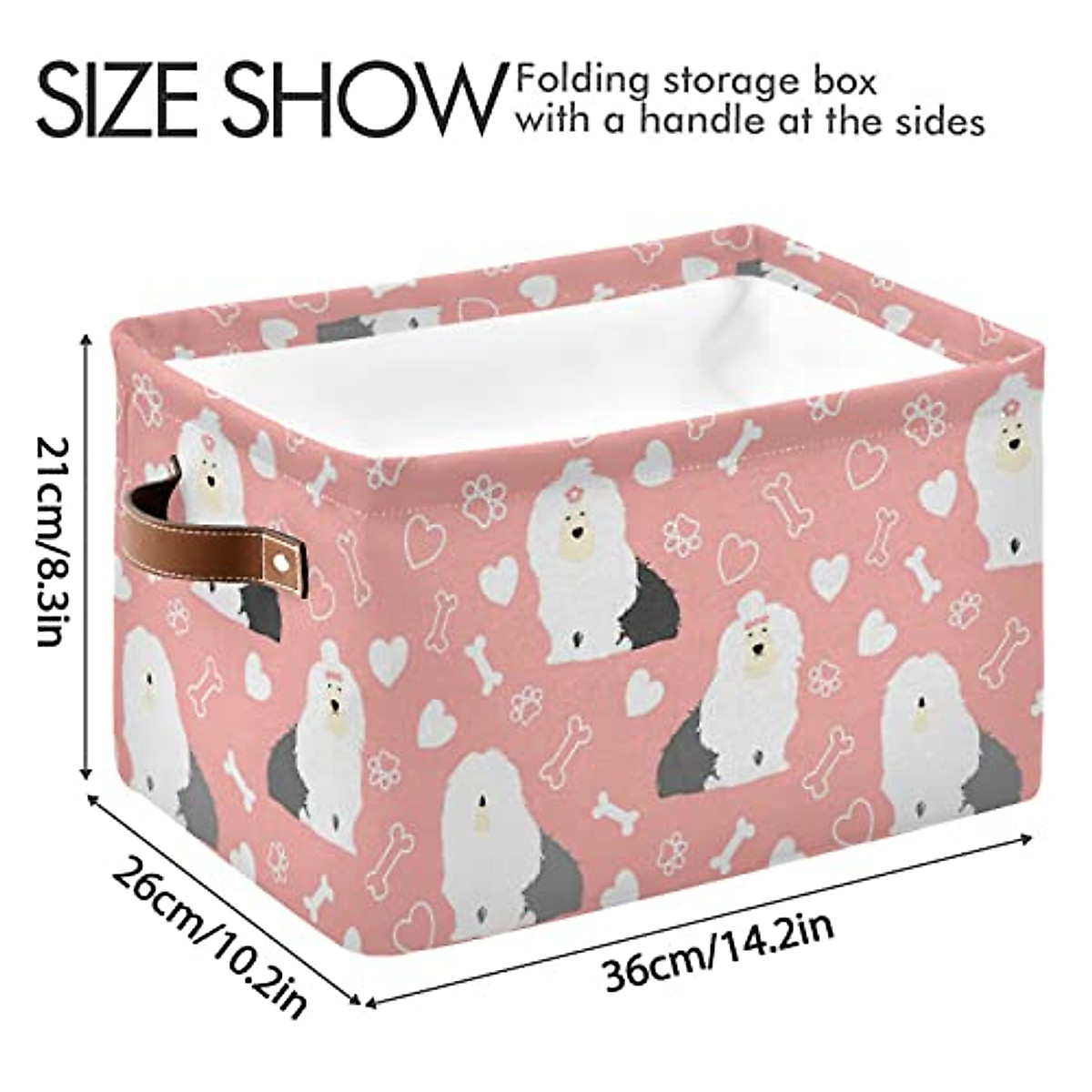 susiyo Pink Old English Sheepdog Open Storage Bins 1 Pack, Large Canvas Storage Baskets with PU Handles Collapsible Storage Box Organizers for Home Closet Nursery Toys Dorm Office Laundry