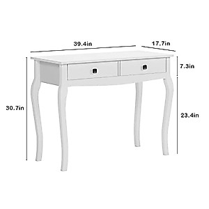 sogesfurniture White Vanity Desk with 2 Drawers, Home Office Desk Vintage Makeup Vanity Table, Curved Legs Writing Desk, Entryway Console Table for Bedroom, Entryway, Home Office