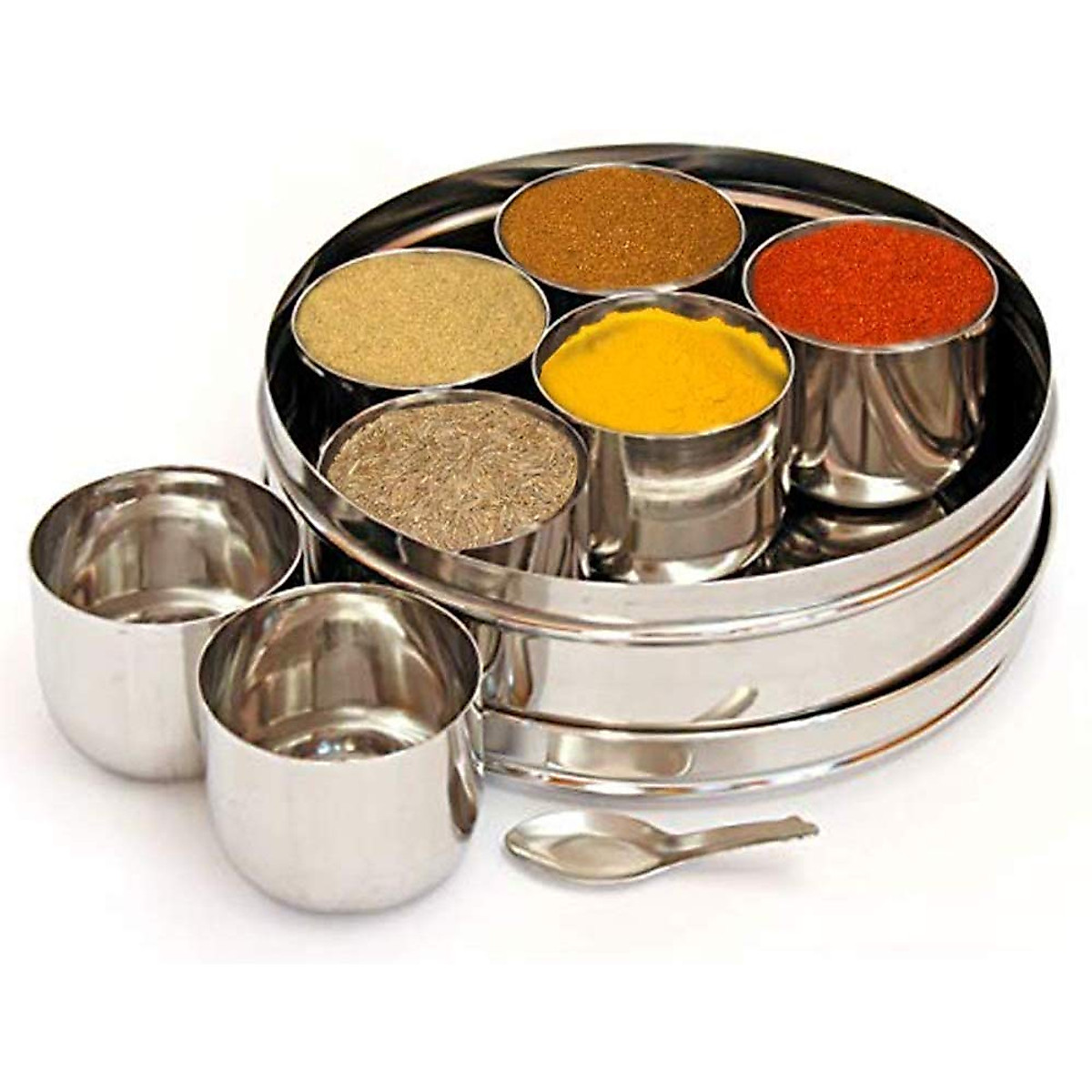 ARTISENIA Mother's Day Gifts Stainless Steel Spice Container Masala Box 7 Containers and 2 Small Spoon Masala Box Indian Masala Dabba With Size 9 X 9 Inches
