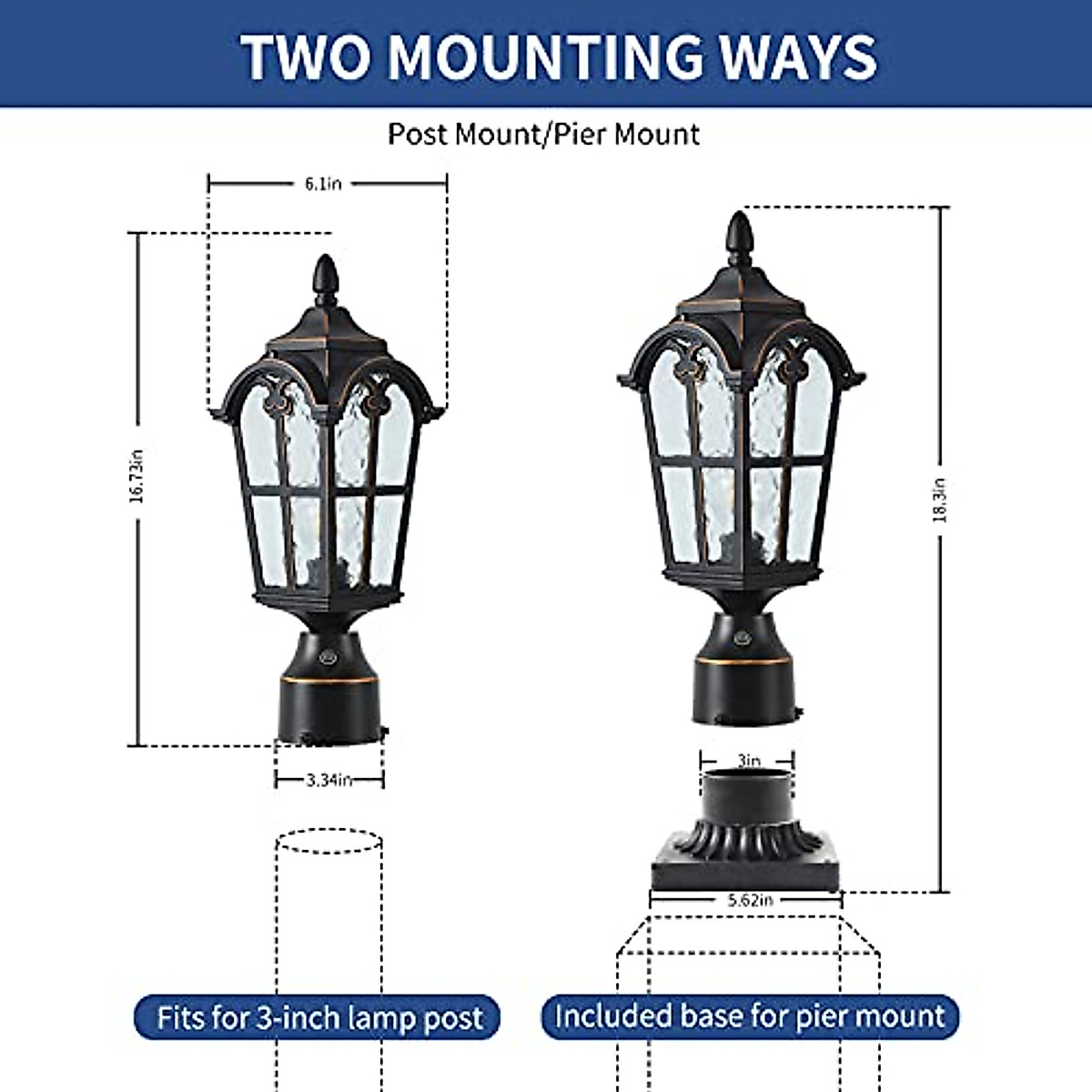 LONEDRUID Dusk to Dawn Outdoor Lamp Post Lights Waterproof Exterior Pole Lantern Lighting Fixtures with 3-Inch Pier Mount Base for Garden Patio Yard Pathway Driveway