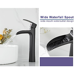 Arkosdex Modern Bathroom Vessel Sink Faucet, Tall Waterfall Bathroom Faucets, Single Handle Lavatory Vanity Faucet for Bowl Sink, 1 Hole Bath Tap with Pop Up Drain & Water Lines, Brass, Matte Black