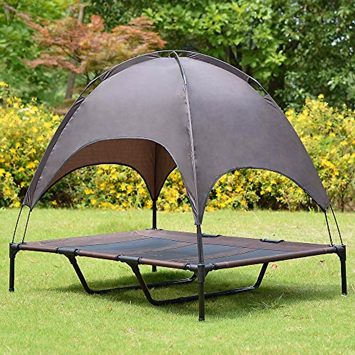 Heeyoo 48 Inches Extra Large Elevated Dog Bed with Canopy, Portable Indoor Outdoor Pet Cot with Removable Canopy Shade Tent for Dogs and Cats, Brown